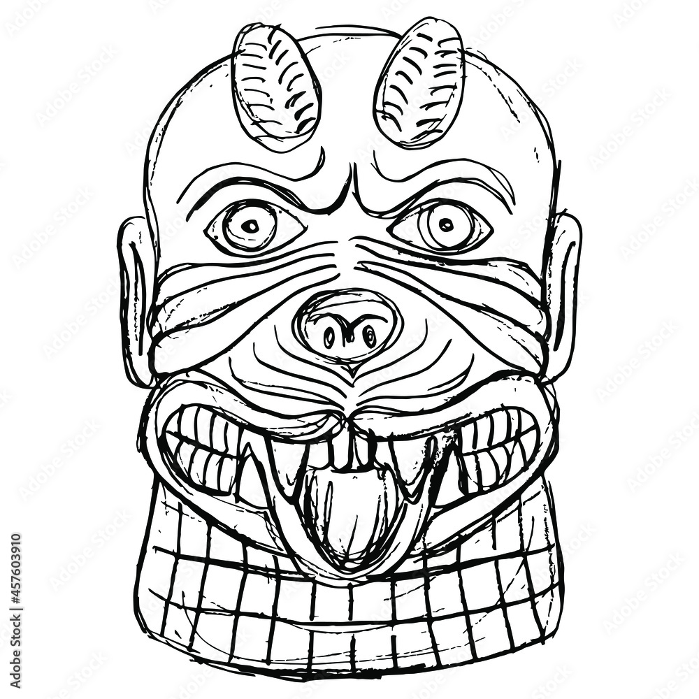 Head of Assyrian or Babylonian evil demon Pazuzu. Hand drawn linear ...