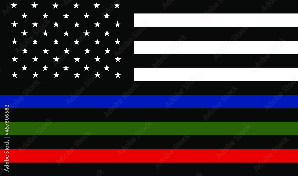 Memorial USA flag united Thin Red Green Blue Line. Firefighter flag ...