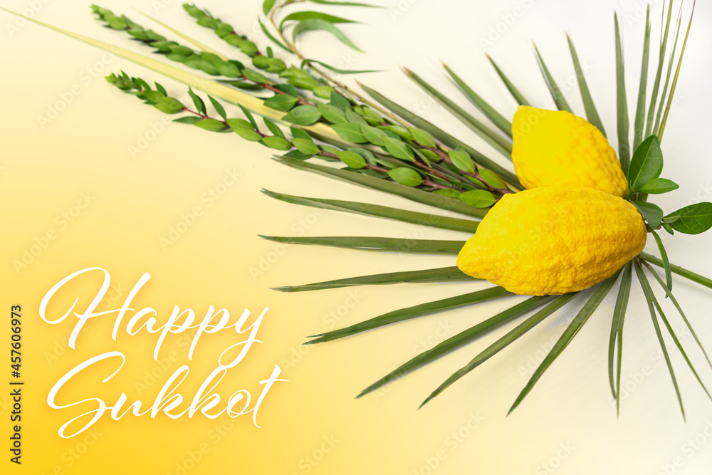 Happy Sukkot card. Traditional symbols (The four species): Etrog ...