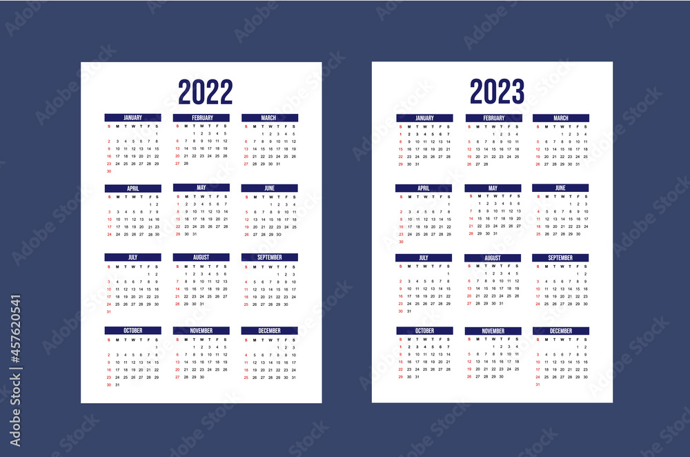 Simple calendars for year 2022 and 2023. with week start on sunday ...
