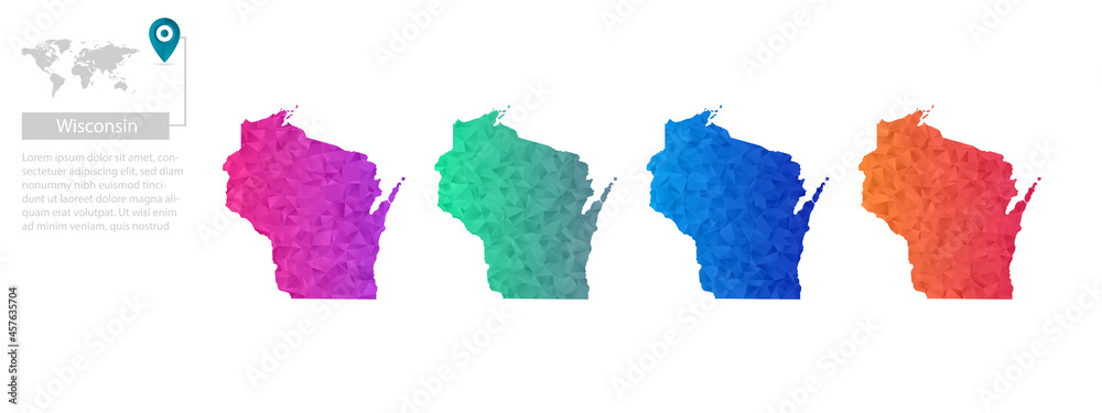 Set of vector polygonal Wisconsin maps. Bright gradient map of country ...
