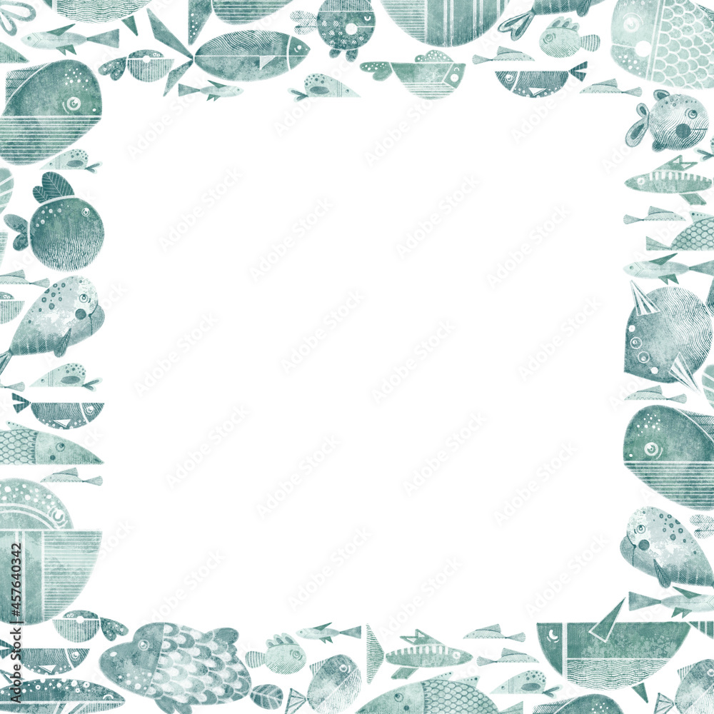 Watercolor grunge set of turquoise fish for pattern, card, poster ...