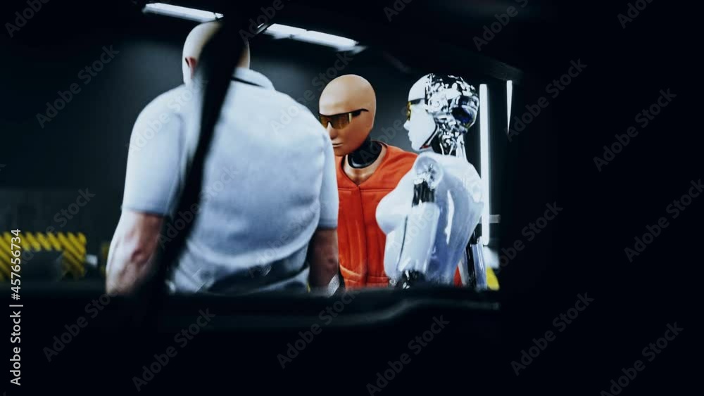 Robot crash test dummy and man. Future concept. Realistic 4k animation ...