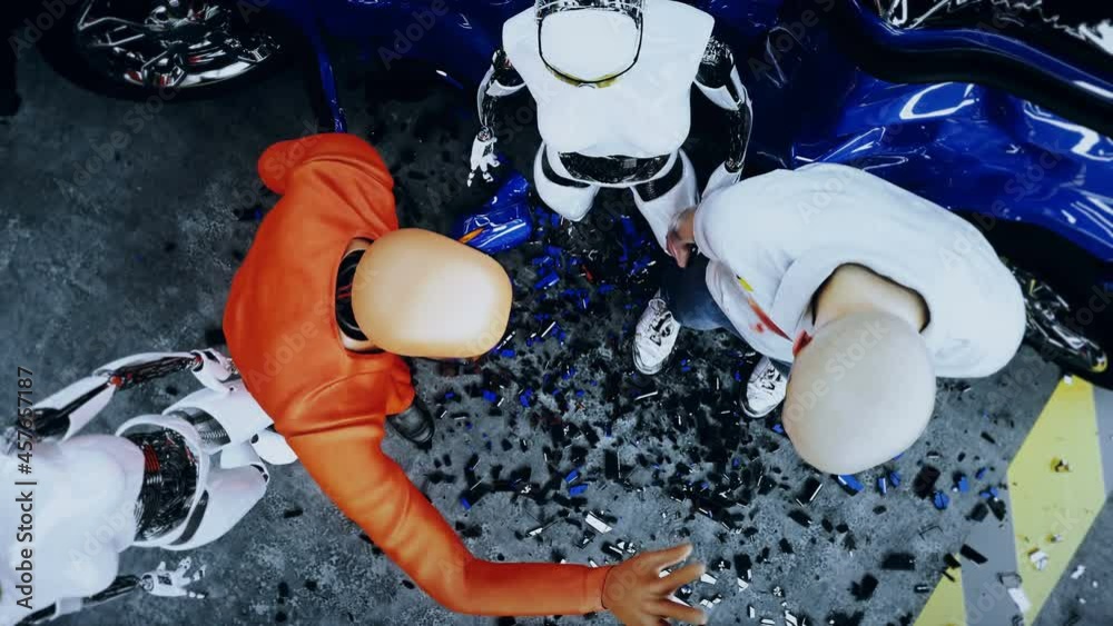 Robot crash test dummy and man. Future concept. Realistic 4k animation ...