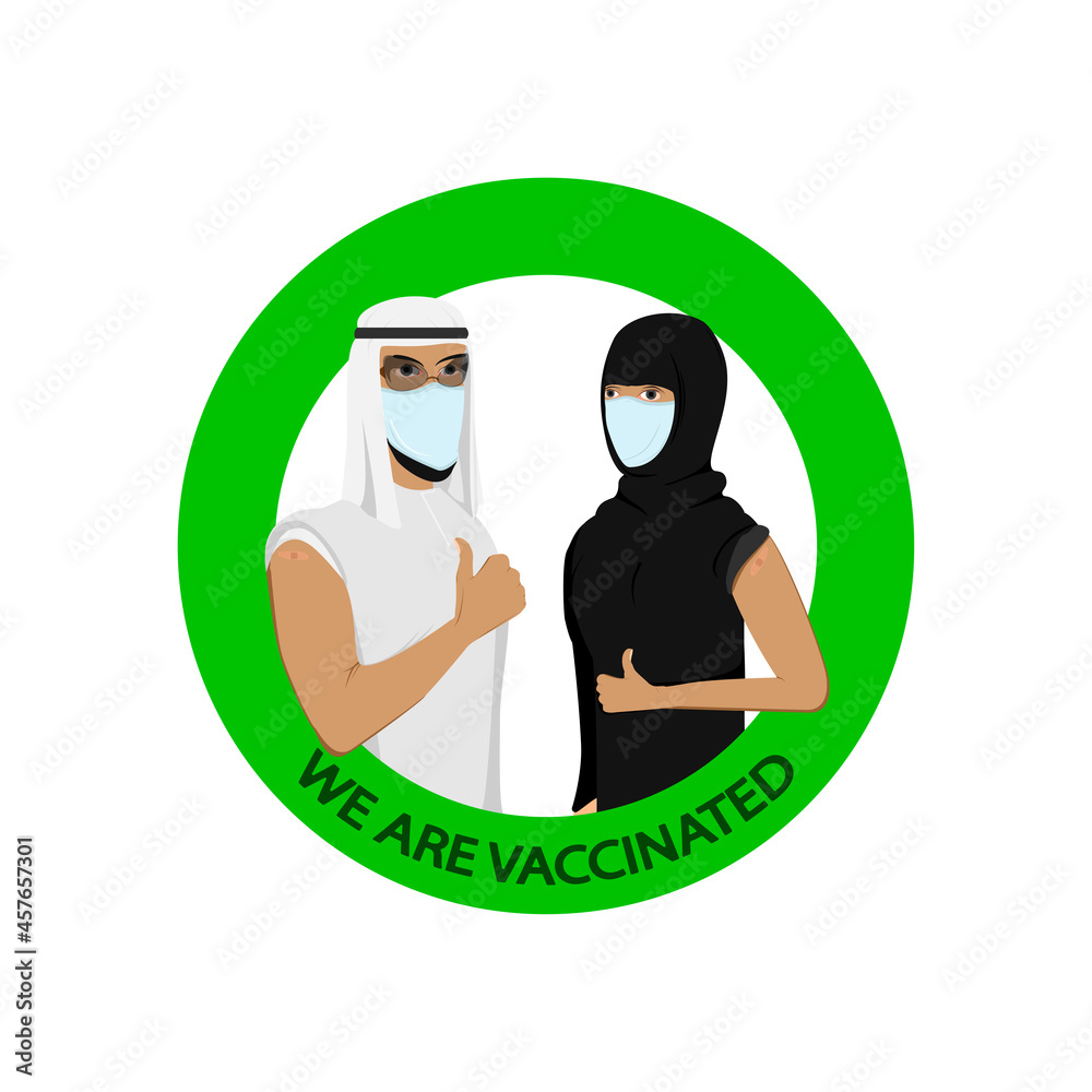 Arab man and woman in masks pointing finger uphill. We are vaccinated ...