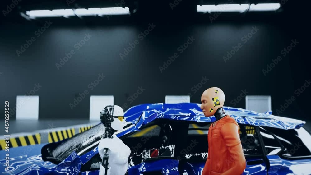 Robot crash test dummy and female robot. Future concept. Realistic 4k ...
