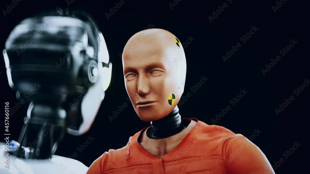 Robot crash test dummy and female robot. Future concept. Realistic 4k ...