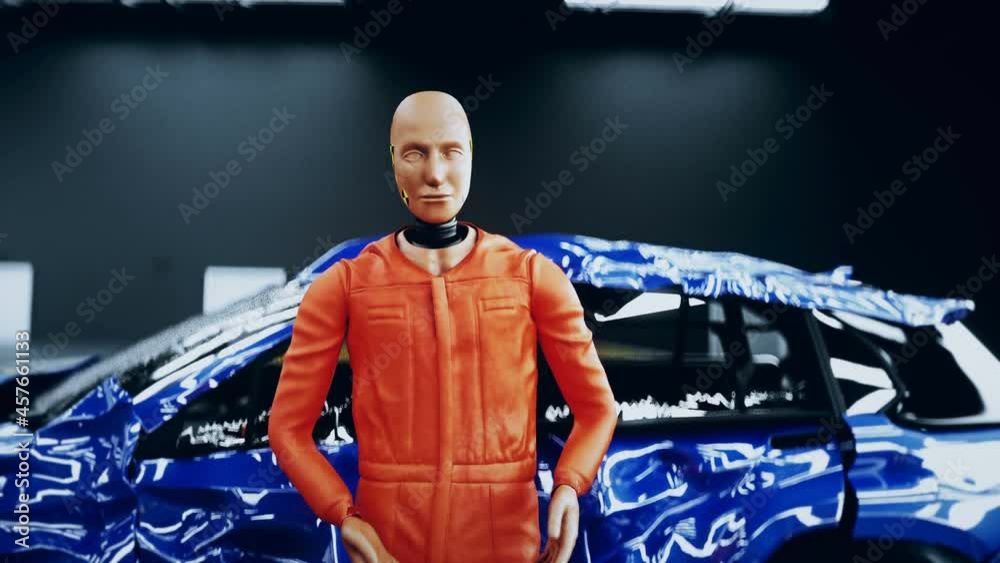 Robot crash test dummy speaking near car crash test. Future concept ...