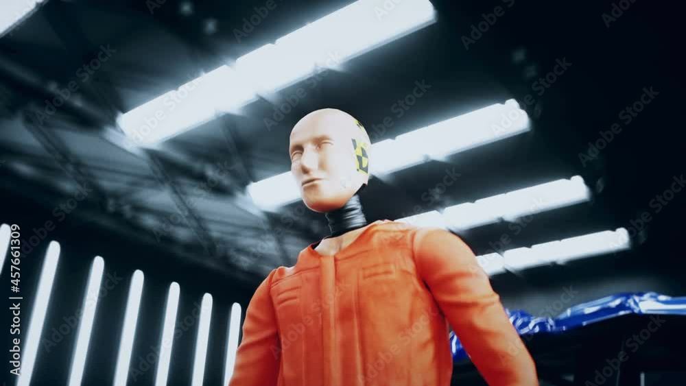 Robot crash test dummy speaking near car crash test. Future concept ...