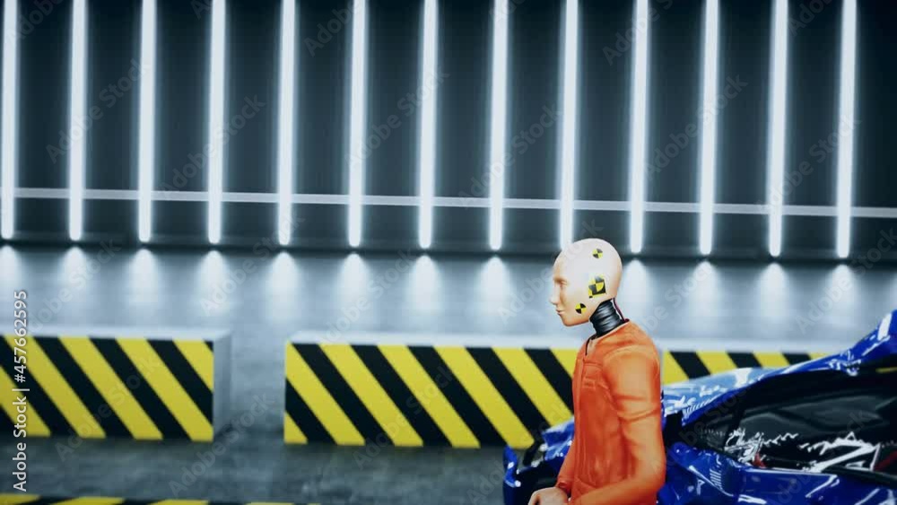 Robot crash test dummy speaking near car crash test. Future concept ...