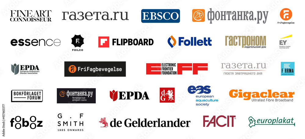 logos of the press and news channels, logos of famous brands, badges ...