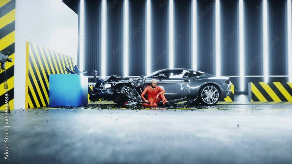Robot crash test dummy sitting near destroyed car crash test. Future ...