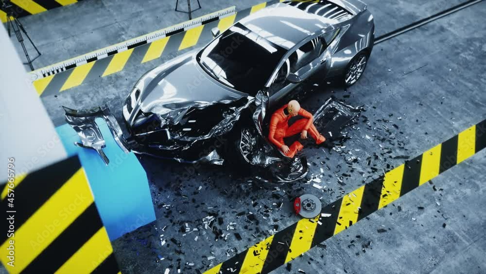 Robot crash test dummy sitting near destroyed car crash test. Future ...