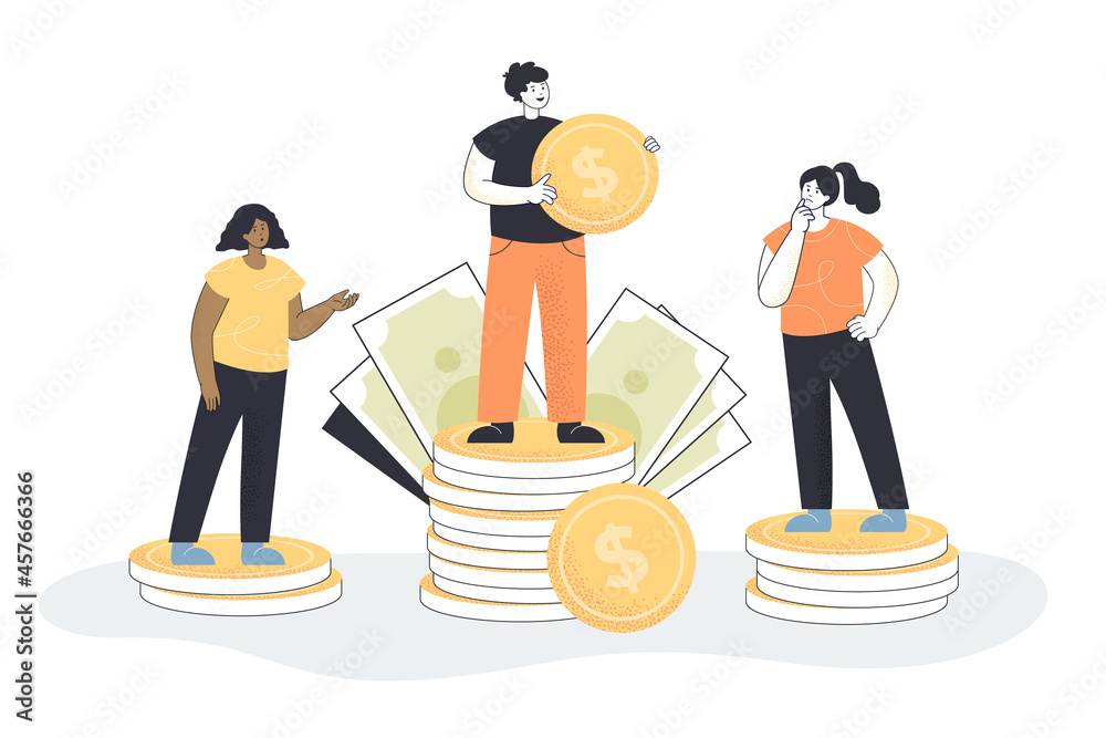 Cartoon man standing on higher stack of coins than women. Salary gap ...
