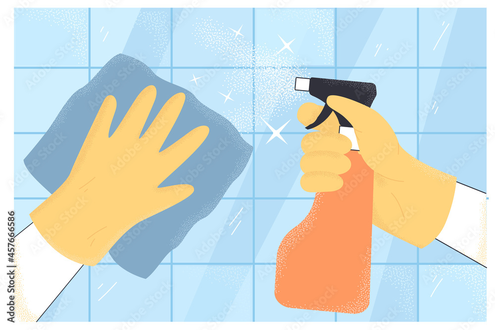 Hands of cartoon person cleaning kitchen or bathroom surfaces. Person ...