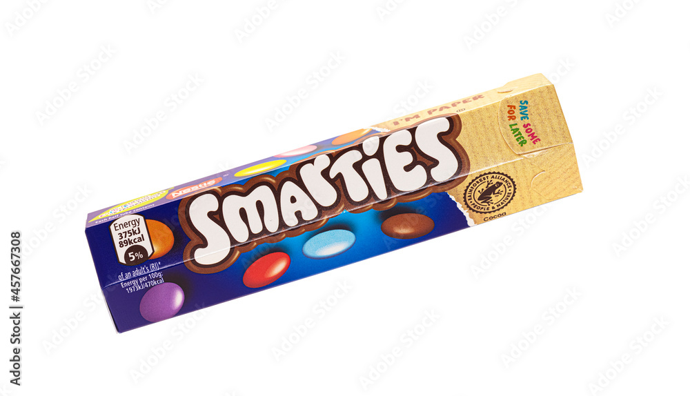 Tube of Smarties in the new 100% recyclable paper packaging Stock Photo ...