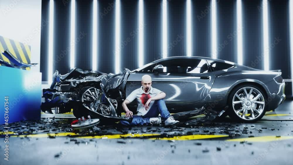 Human crash test dummy sitting near destroyed car crash test. Future ...