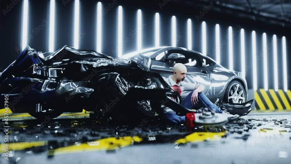 Human crash test dummy sitting near destroyed car crash test. Future ...