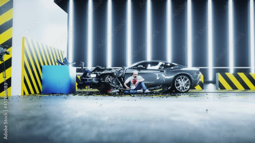 Human crash test dummy sitting near destroyed car crash test. Future ...