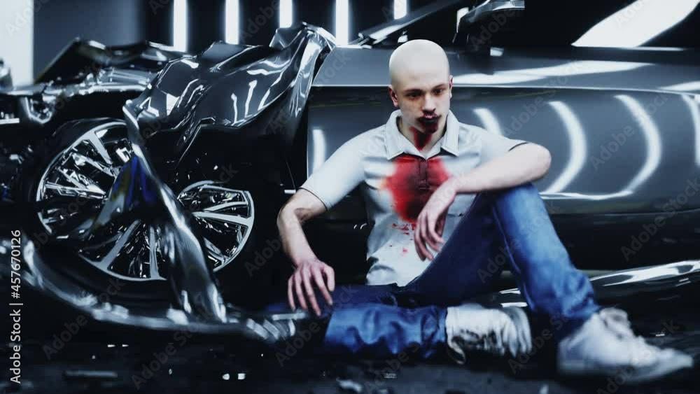 Human crash test dummy sitting near destroyed car crash test. Future ...