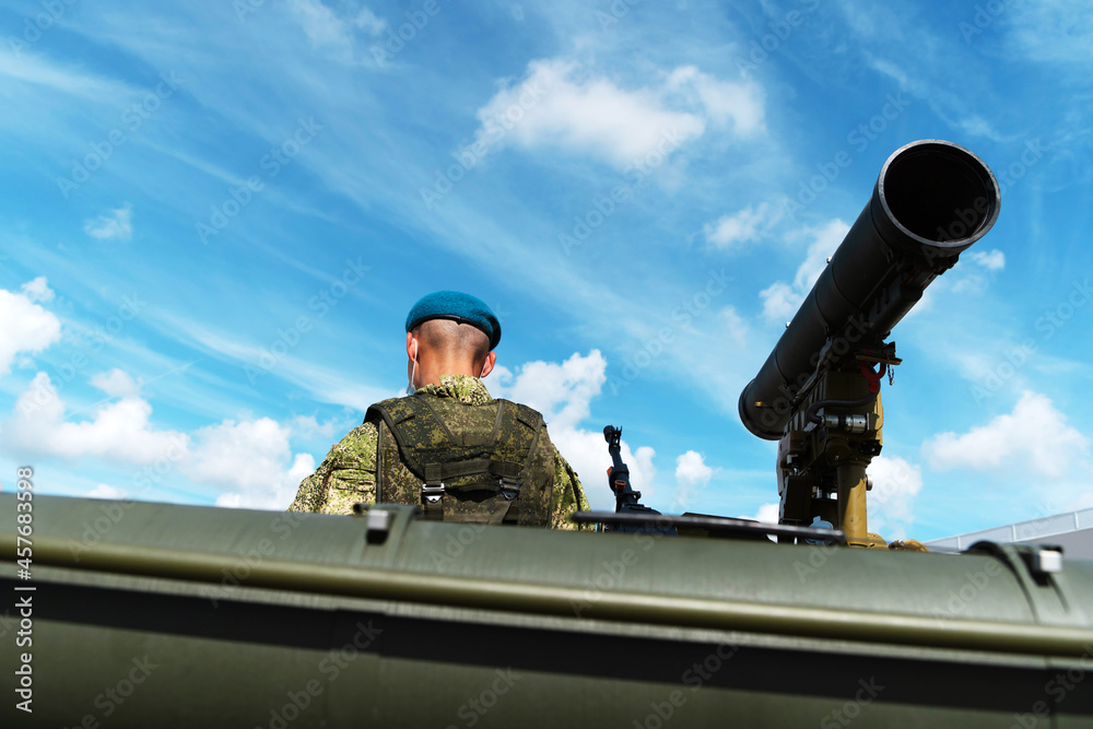 Rocket launcher on a military vehicle. Light arteleria at the ...