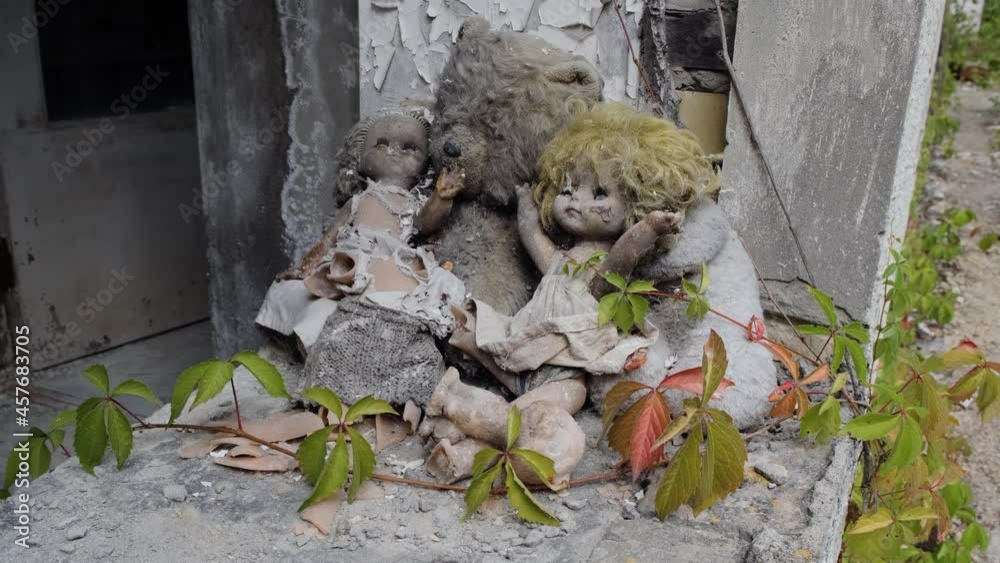 Creepy doll in an abandoned building in ghost town Pripyat. Chernobyl ...