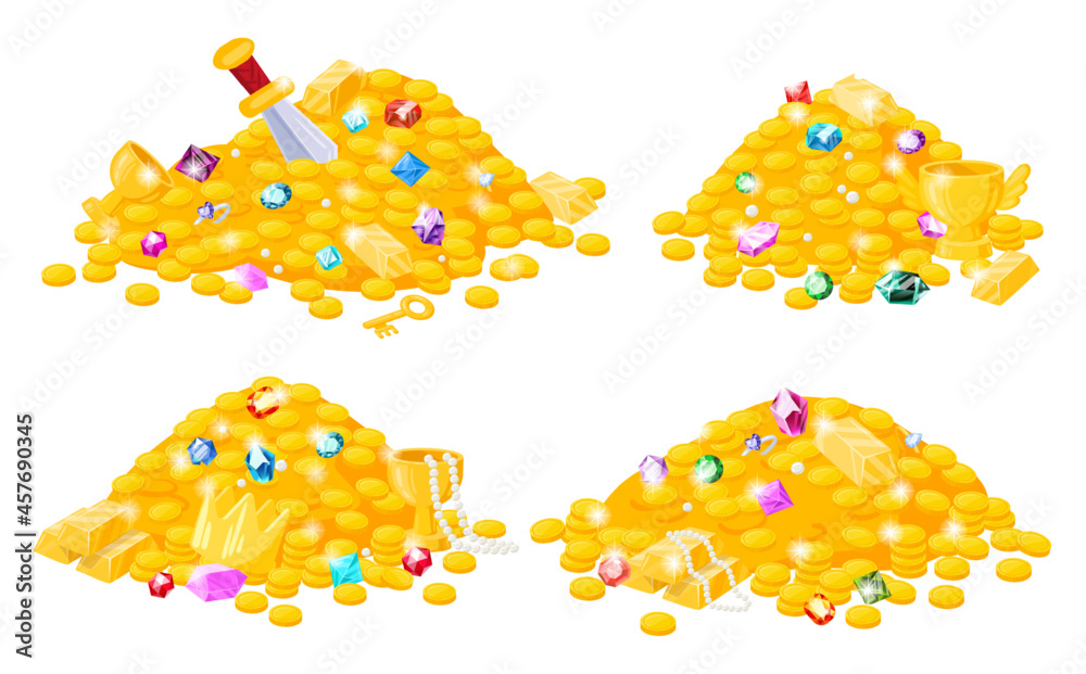 Cartoon pirates treasure, gold coins, gems, crown, sword, jewels ...