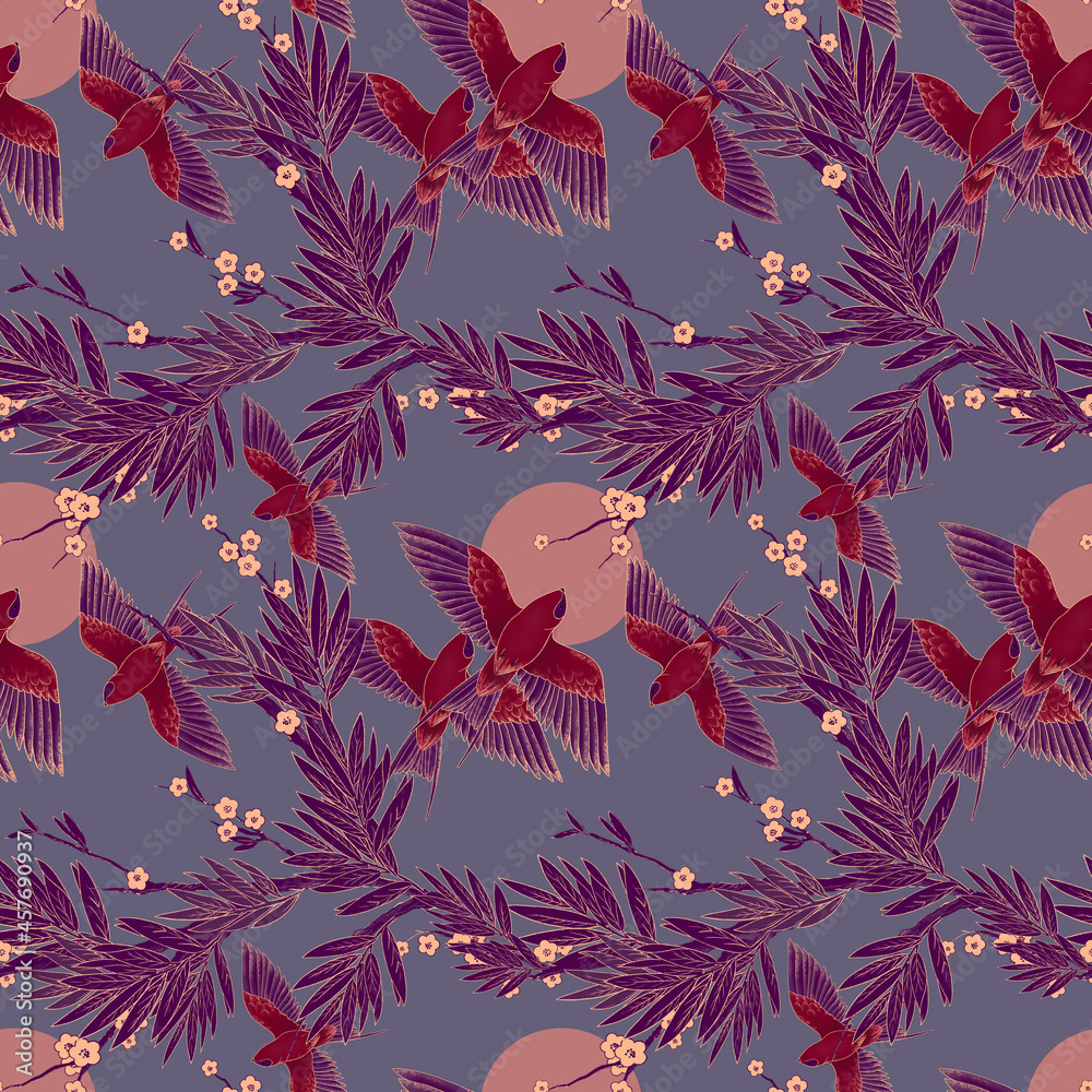 Seamless pattern in chinoiserie style with birds and flowers. Bloom. Chinoiserie inspired ...