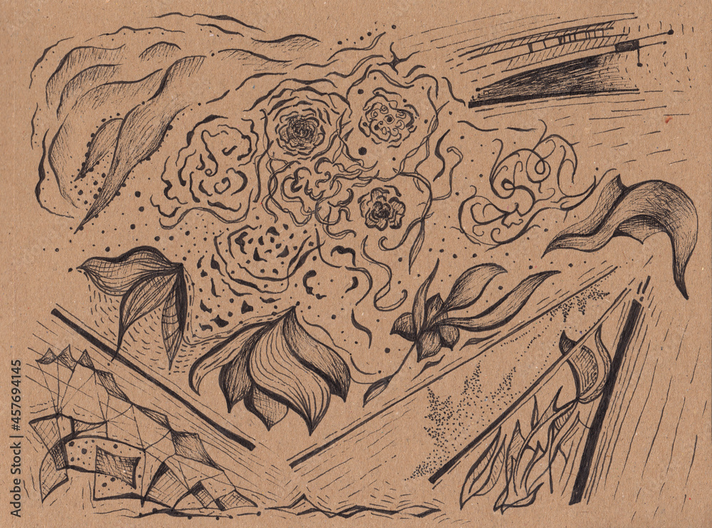 Abstract hand drawn roses and geometric shapes. Ink pen illustration on ...