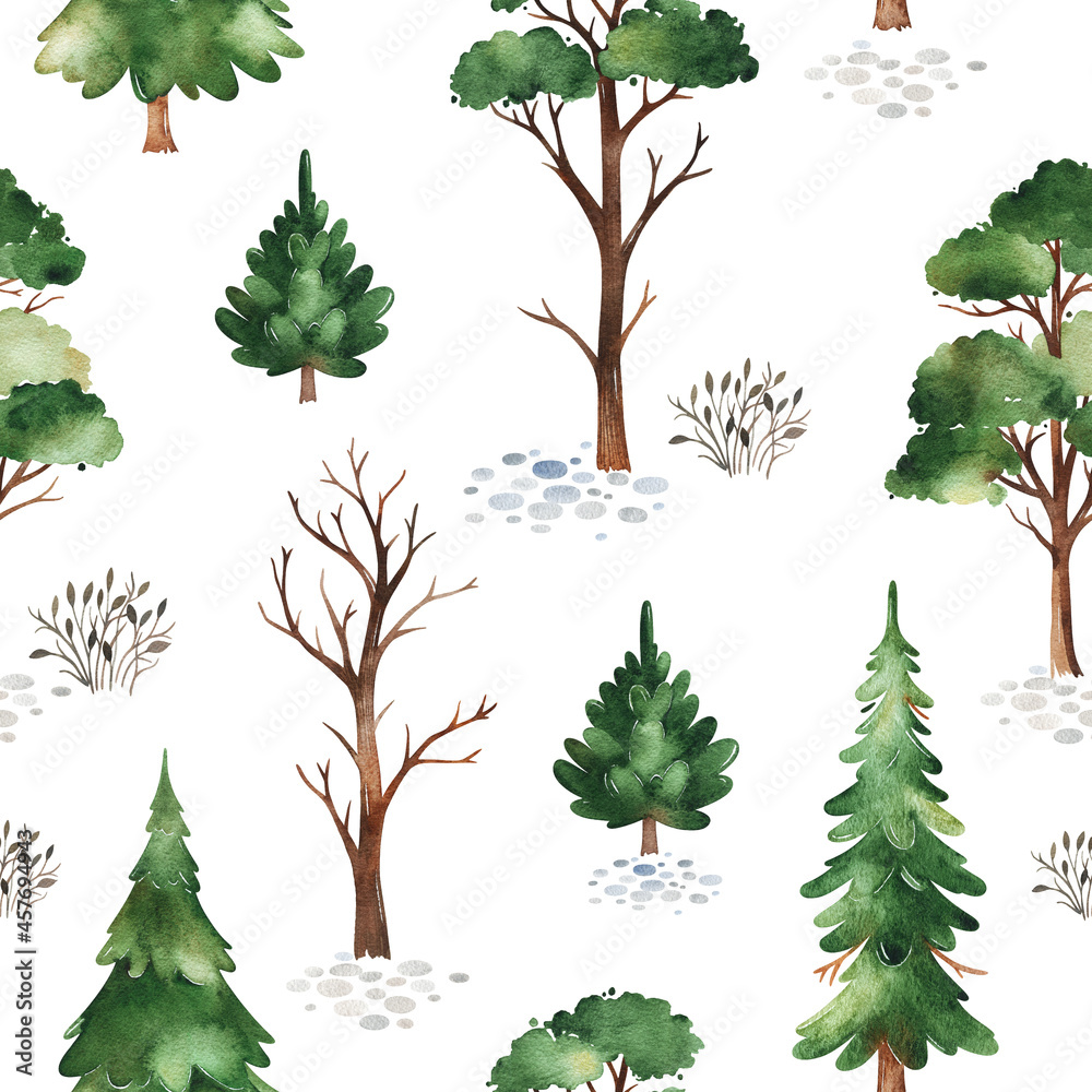 Cute Woodland collection.Watercolor seamless pattern with evergreen ...