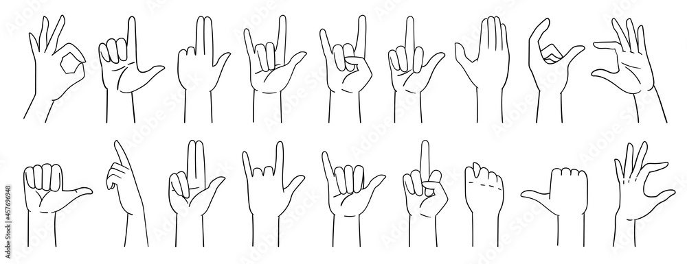 Various hand gestures, hand signs, hand drawn with a line. Vector ...