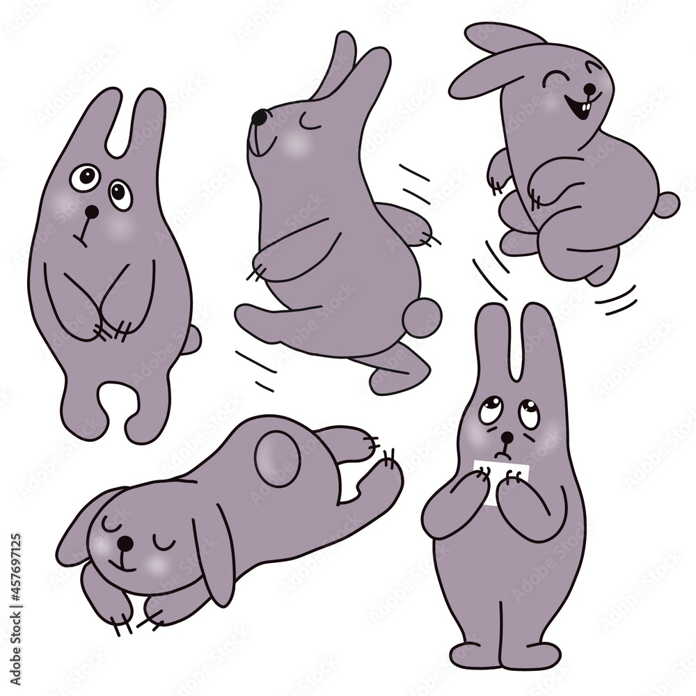 A set of pictures with a stylized character - a rabbit rejoices, cries ...