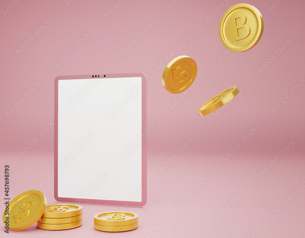 Pink tablet computer with golden coin on Pink Background. Template and ...