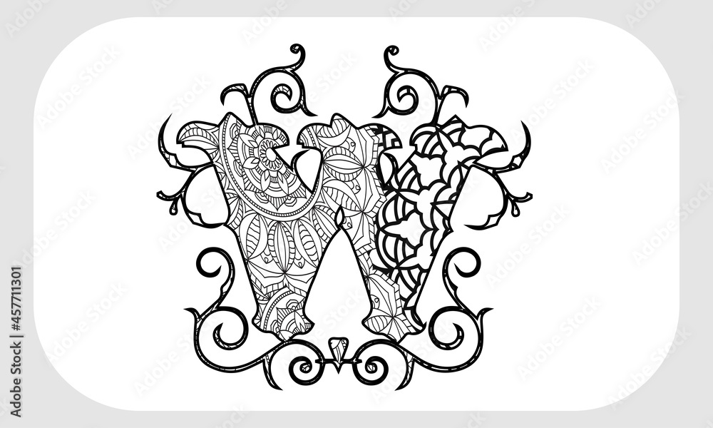 Capital letter W. The original texture of lines, dots and floral ...