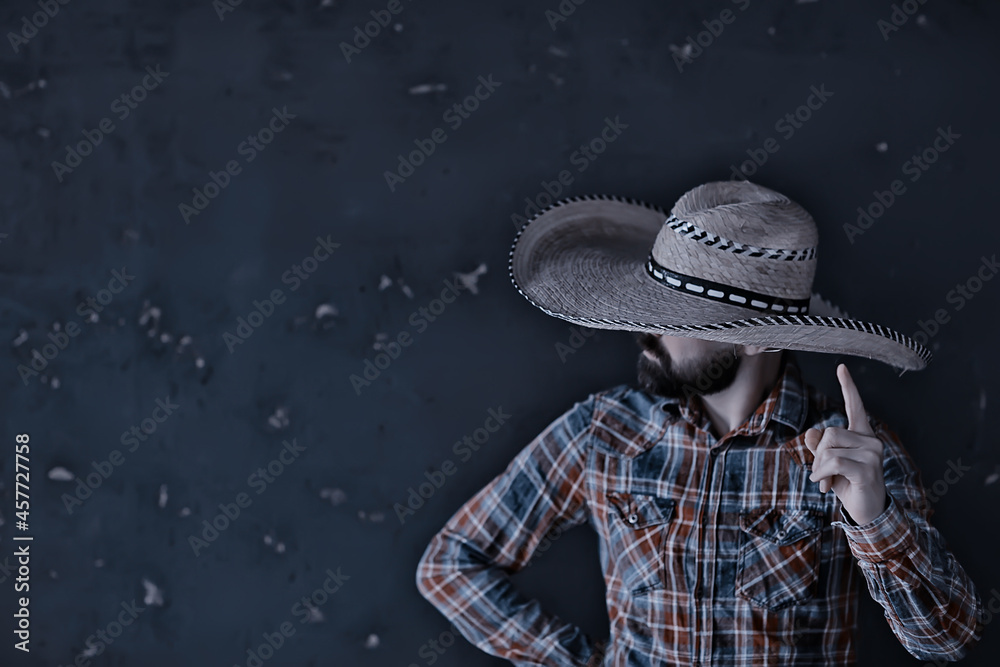 stern cowboy in a hat with brim, straw, retro vintage style, angry man ...
