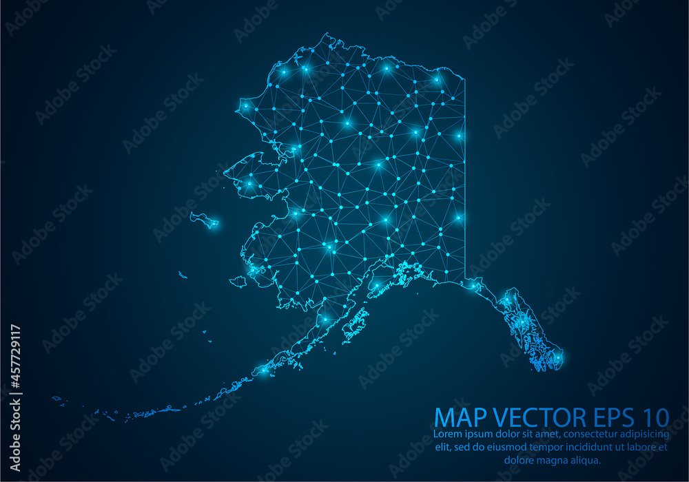 Abstract mash line and point scales on dark background with map of ...
