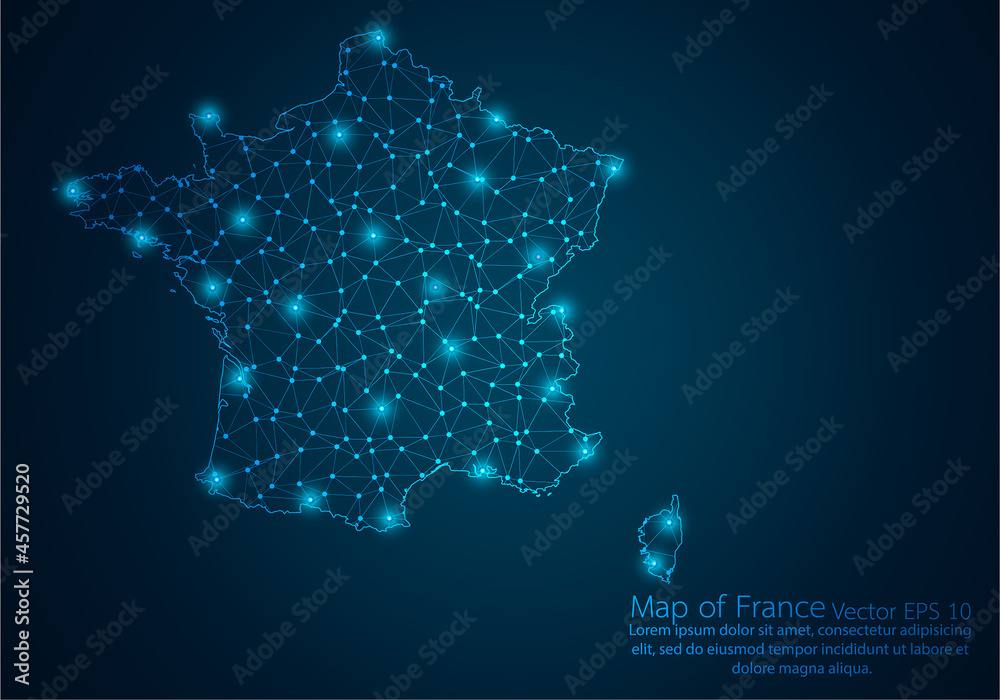 Abstract mash line and point scales on dark background with map of ...