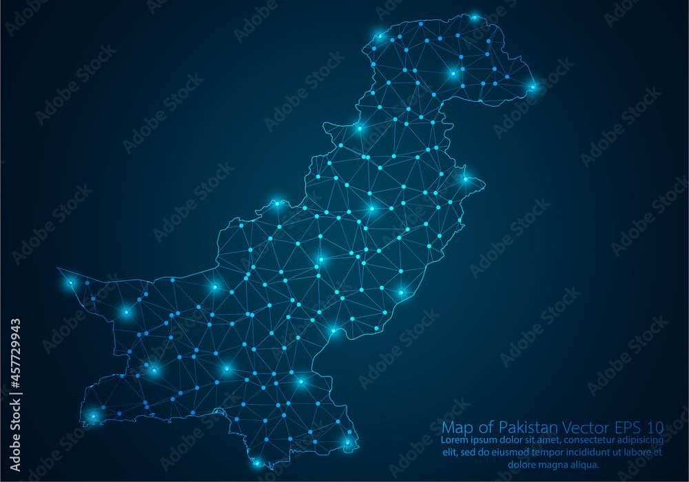 Abstract mash line and point scales on dark background with map of ...