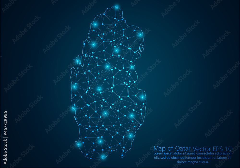 Abstract mash line and point scales on dark background with map of ...