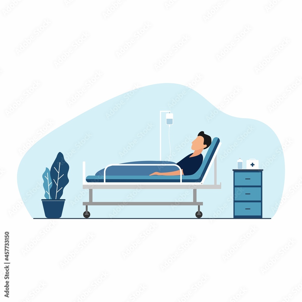 Vector Illustration of a sick male patient lying in bed. Hospitalized ...
