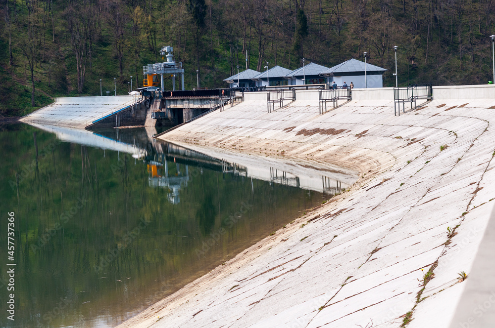 The crown of the dam in Myczkowce, the Bieszczady Mountains Stock Photo ...