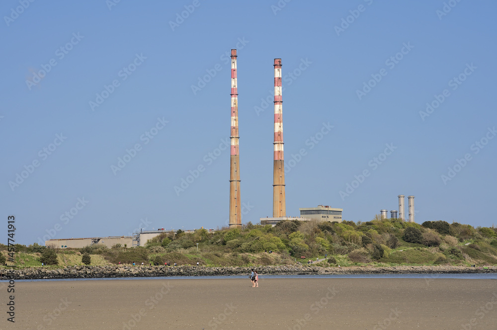 Beautiful closeup bright view of iconic Poolbeg power station chimneys ...