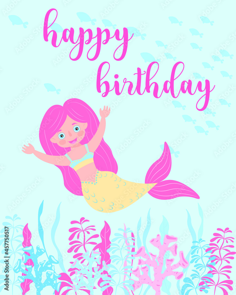 happy birthday greetings card. Mermaid princess girl with pink hair and ...