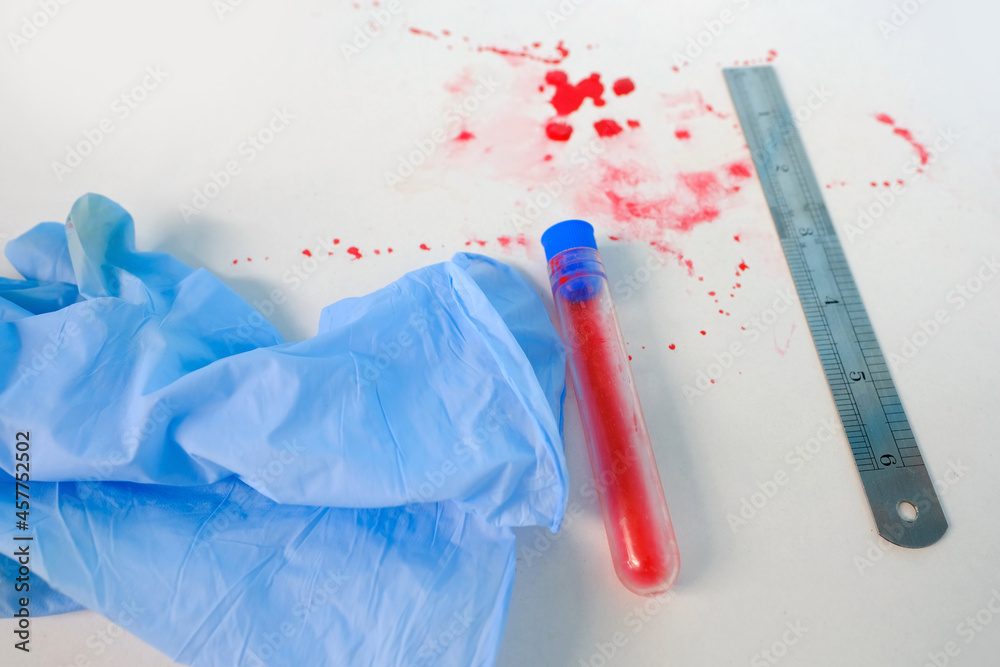 fresh splatter of red blood on white table, crime scene stains, blood ...