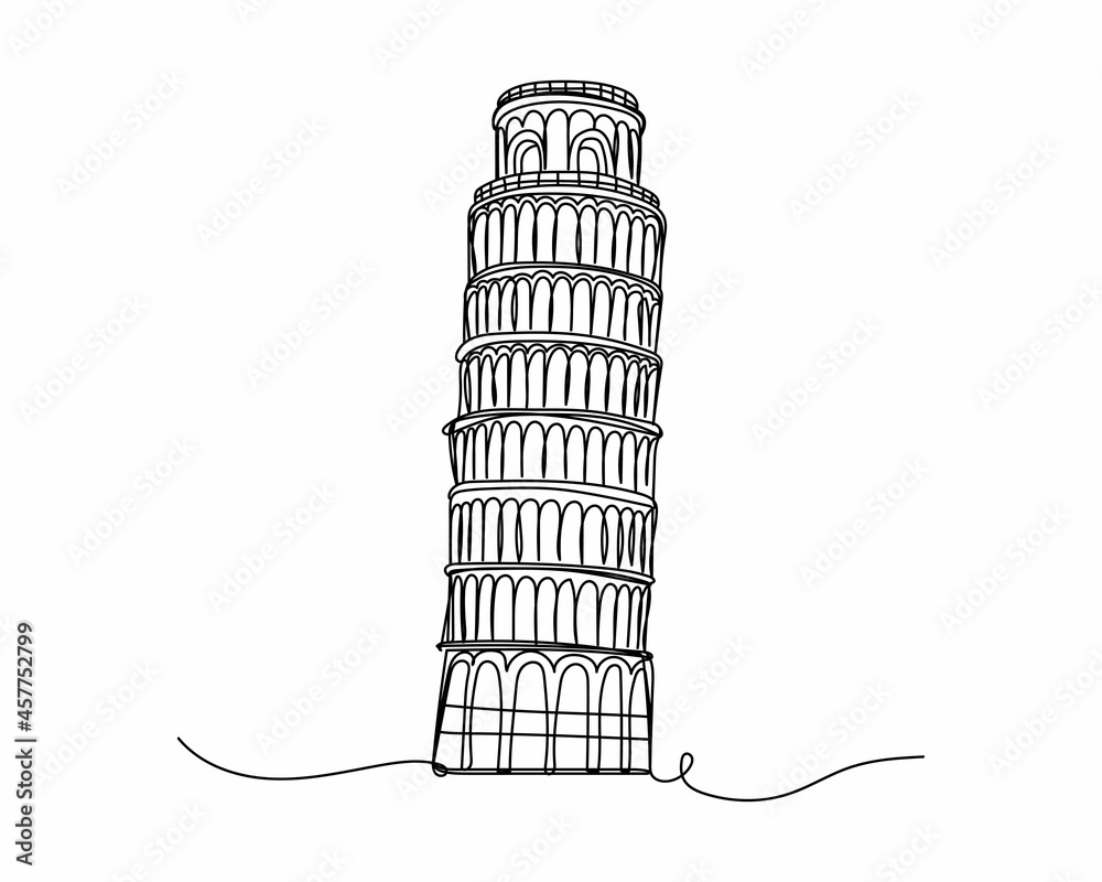 Continuous one line drawing of leaning tower of pisa icon in silhouette ...