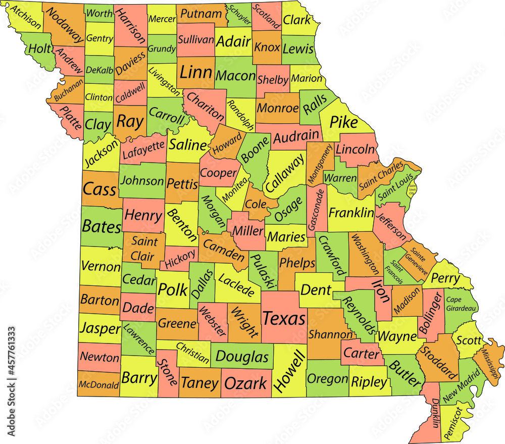 Pastel vector map of the Federal State of Missouri, USA with black ...