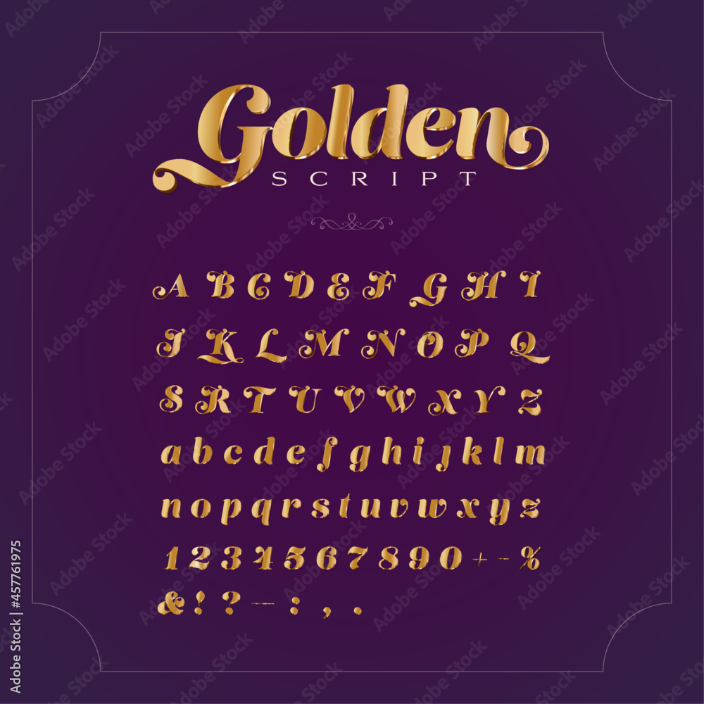 Golden script. Luxury vector gold lettering with upper and lower case ...