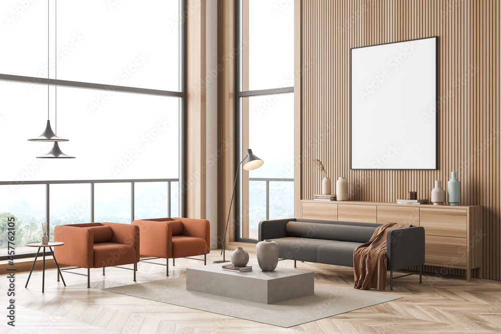 Corner view on living room interior with empty white poster Stock Photo ...