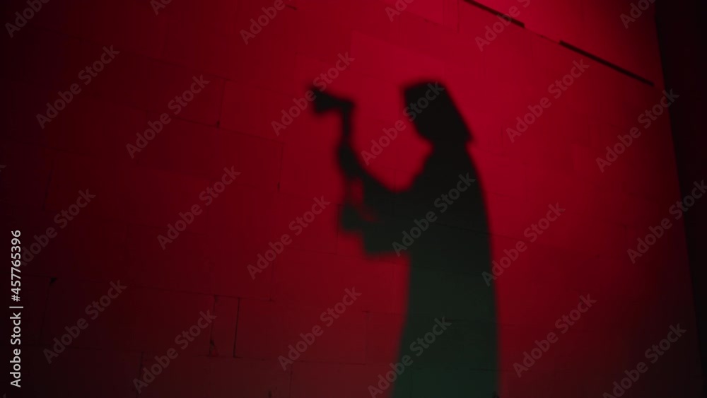 Creepy death silhouette running for victim with axe on red background ...