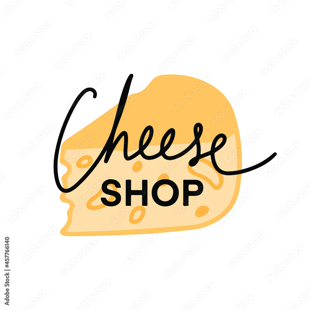 Cheese Shop vector calligraphy logo with a cut piece of popular cheese ...